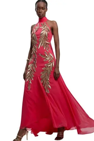 Karen Millen Halter Neck Embellished Maxi Dress - Pink