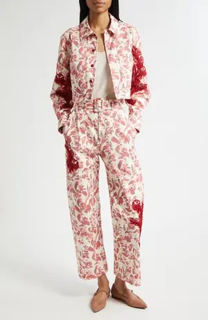 Cinq À Sept Floral Ribbon Bead Fringe Detail Stretch Cotton Pants - Cherry Rose Multi