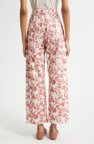 Cinq À Sept Floral Ribbon Bead Fringe Detail Stretch Cotton Pants - Cherry Rose Multi