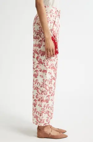 Cinq À Sept Floral Ribbon Bead Fringe Detail Stretch Cotton Pants - Cherry Rose Multi