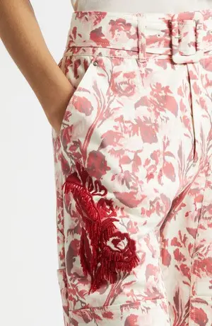 Cinq À Sept Floral Ribbon Bead Fringe Detail Stretch Cotton Pants - Cherry Rose Multi