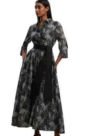 Karen Millen Geometric Print Long Sleeve Belted Shirt Dress - Mono