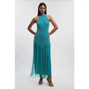 Karen Millen Embellished Crystal Fringe Halterneck Maxi Dress - Blue