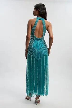 Karen Millen Embellished Crystal Fringe Halterneck Maxi Dress