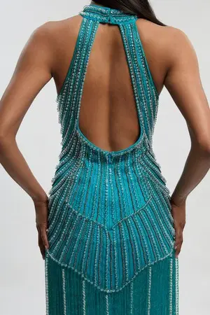 Karen Millen Embellished Crystal Fringe Halterneck Maxi Dress