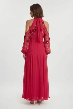 Karen Millen Petite 3d Floral Appliqué Cold Shoulder Maxi Dress