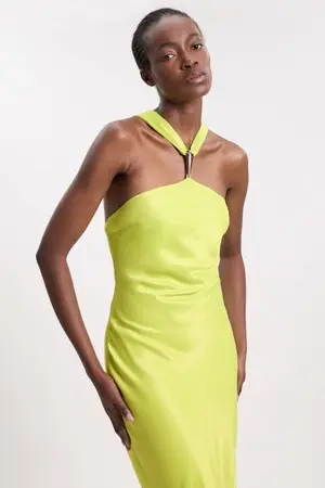 Karen Millen Halterneck Satin Maxi Dress - Chartreuse