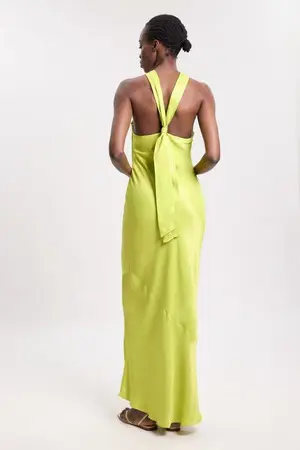Karen Millen Halterneck Satin Maxi Dress - Chartreuse