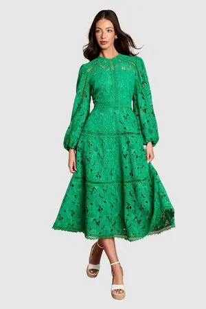 Coast Lace Panel Long Sleeve Midi Dress - Green