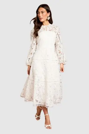 Coast Lace Panel Long Sleeve Midi Dress - Ivory