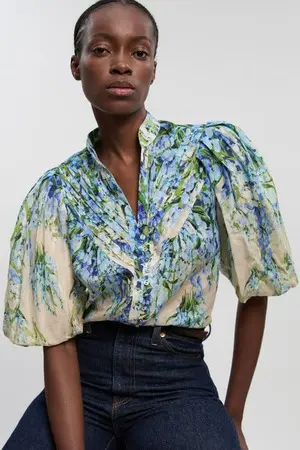 Karen Millen Floral Puff Sleeve Blouse - Blue