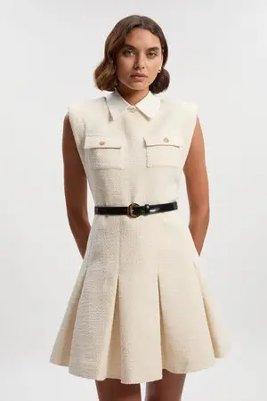 Karen Millen Tweed Collared Sleeveless Mini Dress - Cream