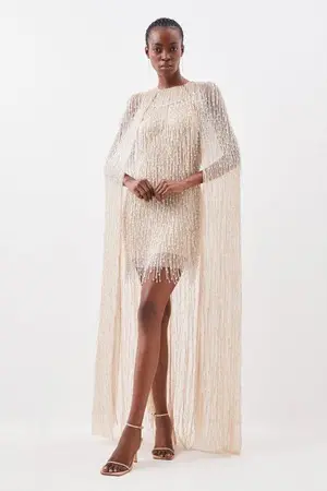 Karen Millen Embellished Fringe Cape Mini Dress - Silver