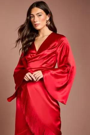 Coast Satin Fringed V-neck Wrap Midi Dress