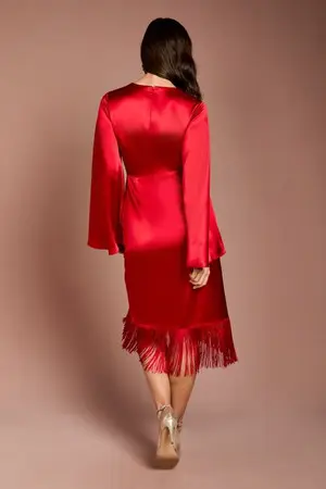 Coast Satin Fringed V-neck Wrap Midi Dress