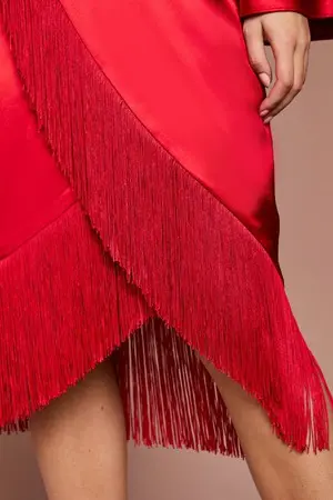 Coast Satin Fringed V-neck Wrap Midi Dress