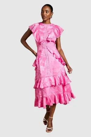 Coast Satin Ruffle Jacquard Midi Dress - Pink