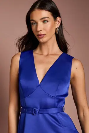 Coast V-neck Satin Midi Dress With Belt - Cobalt