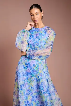 Coast Organza Floral Puff Sleeve Midi Dress