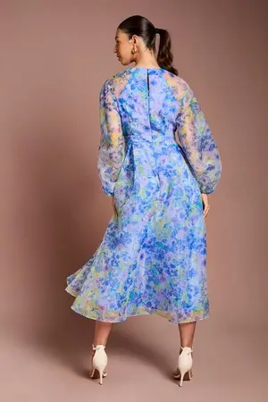 Coast Organza Floral Puff Sleeve Midi Dress