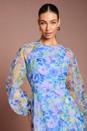 Coast Organza Floral Puff Sleeve Midi Dress