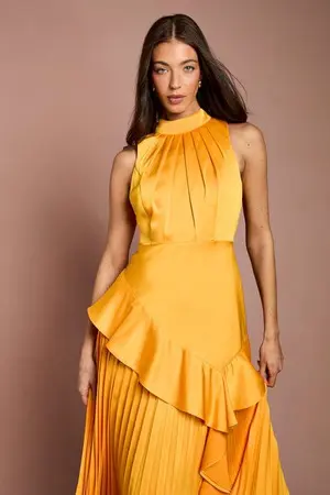 Coast Satin Crepe High-neck Pleated Maxi Dress - Orange