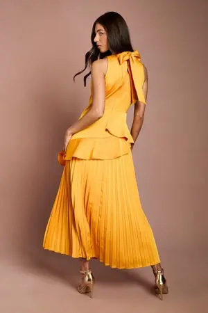 Coast Satin Crepe High-neck Pleated Maxi Dress - Orange