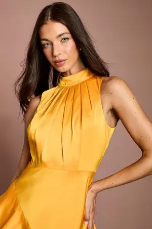 Coast Satin Crepe High-neck Pleated Maxi Dress - Orange