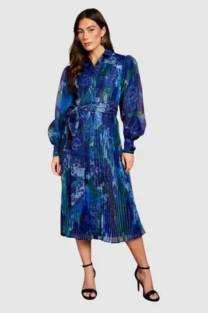 Coast Floral Print Pleated Organza Shirt Dress - Blue