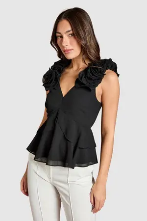 Coast Floral Embellished V-neck Peplum Top - Black