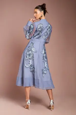 Coast Embroidered Sheer Sleeve Midi Dress - Blue