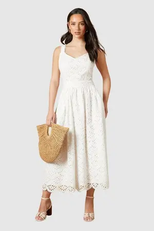 OASIS Embroidered Broderie Midi Dress - White