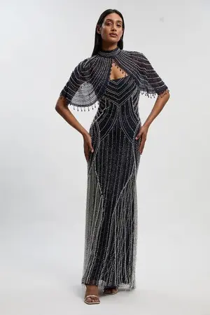 Karen Millen Embellished Crystal Cape Maxi Dress - Navy