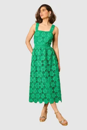 OASIS Floral Lace Square Neck Midi Dress - Emerald