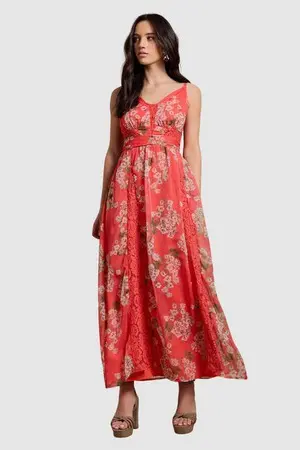 OASIS Lace Panelled Waist Pleated Maxi Dress - Orange