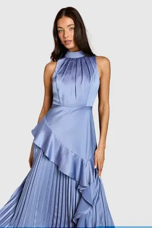 Coast Satin Crepe High Neck Pleated Midi Dress