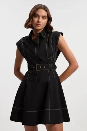 Karen Millen High Neck Mini Dress With Contrast Stitching - Black