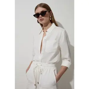Karen Millen Linen Blend Long Sleeve Shirt - White