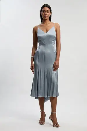 Karen Millen Satin Strappy V-neck Midi Dress - Light Blue