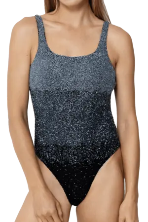 SELF-ADORE Ombre Hand Beaded Embellished One Piece Swimsuit - Black
