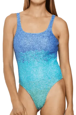 SELF-ADORE Ombre Hand Beaded Embellished One Piece Swimsuit - Blue