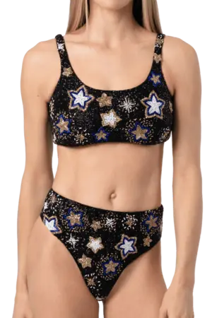 SELF-ADORE Celeste Hand Beaded Bikini Top - Black
