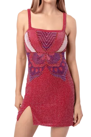 SELF-ADORE Butterfly Hand Beaded Embellished Mini Dress - Red