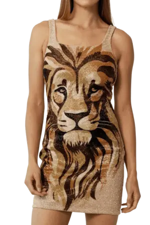 SELF-ADORE Lion Hand Beaded Embellished Mini Dress - Champagne