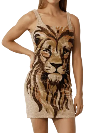 SELF-ADORE Lion Hand Beaded Embellished Mini Dress