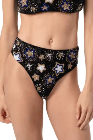 SELF-ADORE Celeste Hand Beaded High Waisted Bikini Bottom - Black