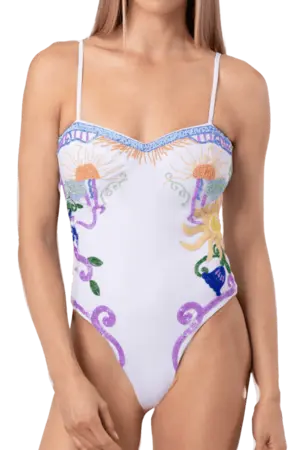 SELF-ADORE Serenity Hand Beaded Embellished One Piece Swimsuit - White