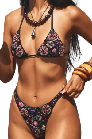 SELF-ADORE Fleur 3d Hand Beaded Triangle Bikini Top - Black