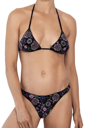 SELF-ADORE Fleur 3d Hand Beaded Triangle Bikini Top - Black