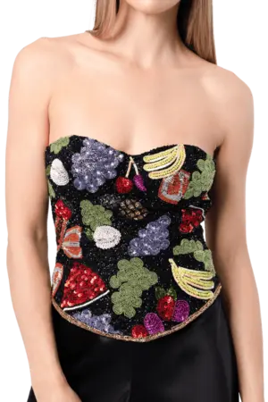 SELF-ADORE Fruit Embellished Corset Top - Black